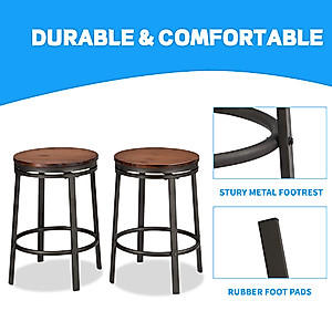 O&K FURNITURE 24-Inch Backless Swivel Bar Stools Counter Height, Industrial Stools for Kitchen Counter, Wood and Metal Bar Stool Chairs Set of 2, Dark Brown