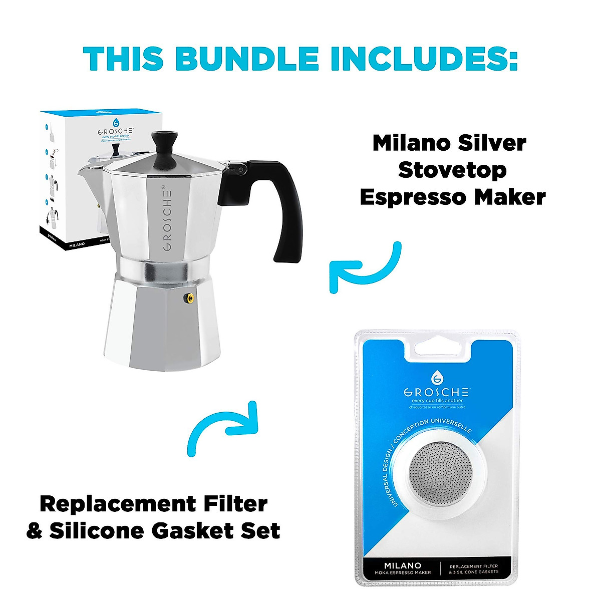 GROSCHE Milano Stovetop Espresso Maker Moka pot 6 espresso Cup - 9.3 oz, Silver and 3 Replacement Seals Gaskets Bundle Stove top coffee maker Moka Italian espresso coffee maker and replacement gaskets