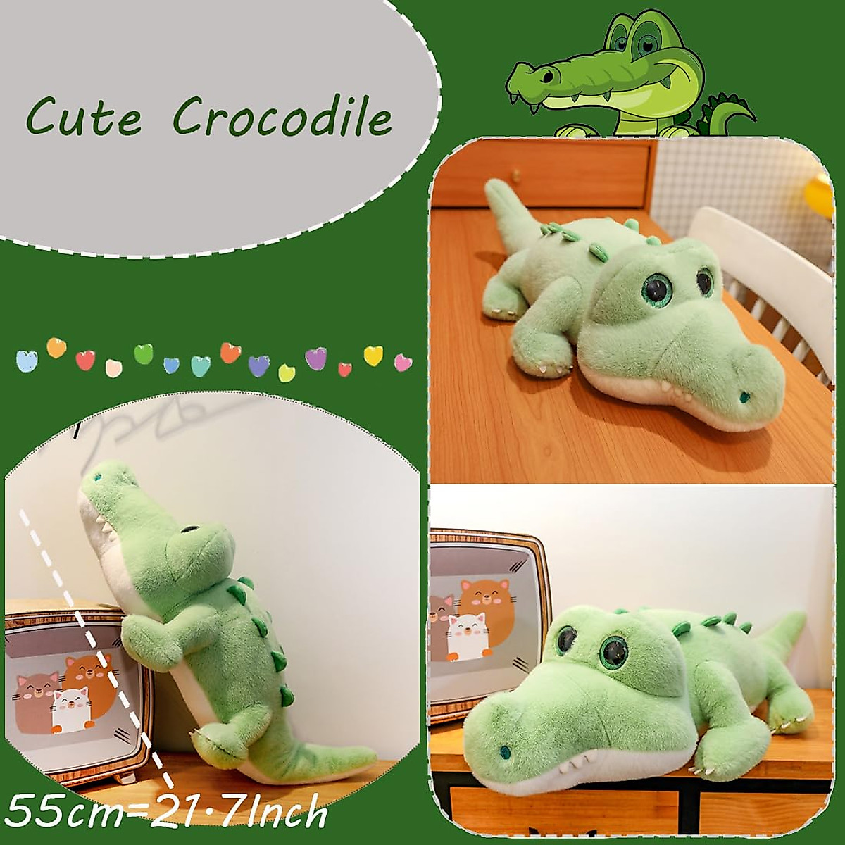 ELAINREN Super Furry Crocodile Plush Kids Pillow Big Eyes Gator Stuffed Throw Pillow Cute Green Alligator Plushie Toy Gifts/21.7''