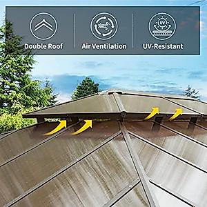 Domi 12' X 16' Hardtop Gazebo, Permanent Outdoor Gazebo with Polycarbonate Double Roof, Aluminum Gazebo Pavilion with Curtain and Net for Garden, Patio, Lawns, Deck, Backyard