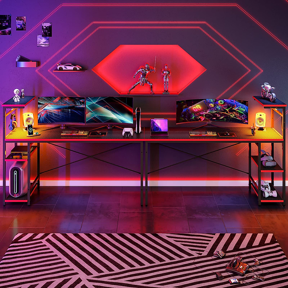 Bestier 61 Inch Gaming Desk with LED Lights, Reversible Shelves, Height Adjustable Shelf, Steel Frame, CARB P2 Class Board, Black Grained