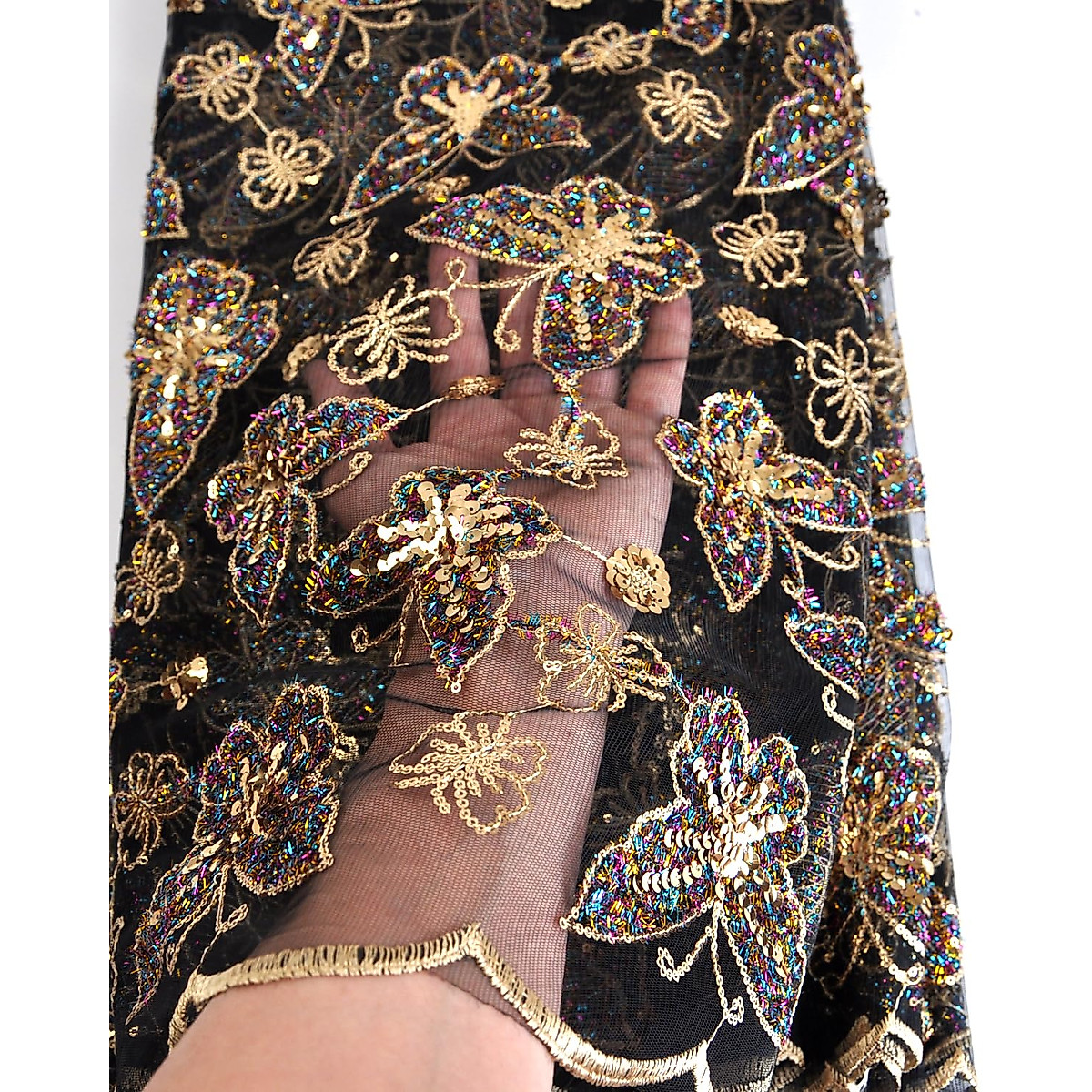 SanVera17 African Fabric Sequins Rope Embroidered Net Fabrics Butterfly Battern Base Fabric Color (Black) for Party Dress 5 Yards