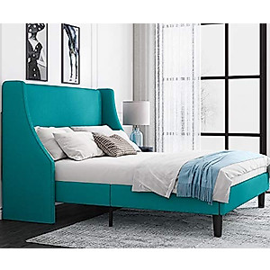 Allewie Full Size Bed Frame, Platform Bed Frame with Upholstered Headboard, Modern Deluxe Wingback, Wood Slat Support, Mattress Foundation, Peacock Green