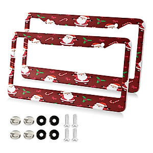 YETTASBIN Christmas Santa Claus License Plate Frames, Decorative License Plate Covers, 2 Packs Universal Aluminum Tag Frame with 2 Holes & Screw Caps for Front and Rear Car Tags, Elliptical Hole