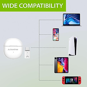Avantree Reverb - Wireless Earbuds for PC, PS5, PS4, Computer, Laptop, Gaming with USB C Adapter Dongle, Noise Cancelling Mic & aptX Voice Bluetooth Headset for Clear Calls, aptX Adaptive Low Latency