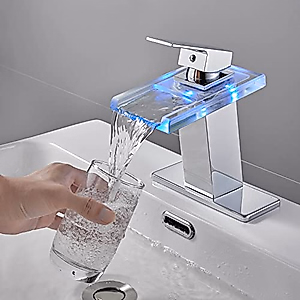 ROVOGO Led Faucet for Bathroom Sink, No Battery Needed Led Faucet Light Color Changing Glass Spout, Single Handle Waterfall Faucet with Deck Plate for 1-Hole or 3-Hole Bathroom Sink, Chrome