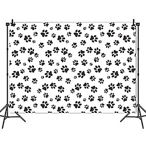 Paw Print Themed Photography Backdrop Vinyl 7X5FT Happy Birthday Party Supplies Puppy Dog Paw Print Photo Background Baby Shower Pet Treat Party Decoration Candy Table Photo Booth Studio Props