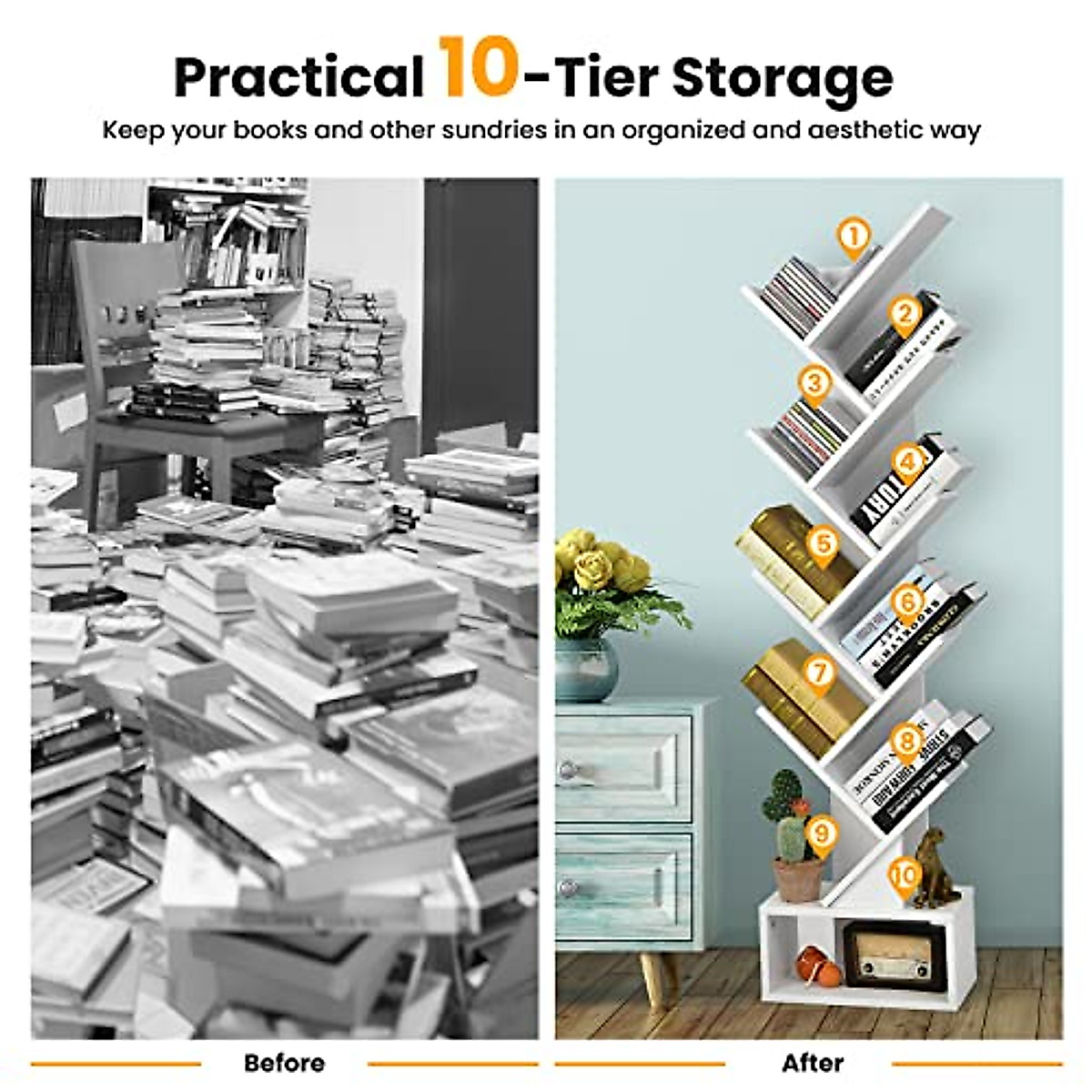 Giantex Tree Bookshelf with Drawer, 10 Shelf Space Saving White Wooden Bookcase, Freestanding Retro Wood Storage Rack, Decorative Bookshelf with Storage