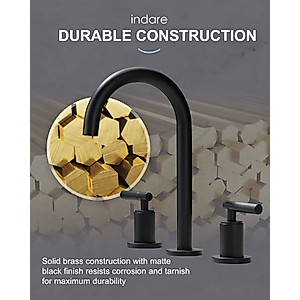 Matte Black Bathroom Faucet, Indare 360° Swivel Spout Two Handles Widespread 4 Inch 8Inch Brass Bathroom Sink Faucet 3 Hole with Pop-Up Drain and Water Supply Lines, Upgraded Style