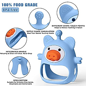 MQGX Teething Toys, Hand Teether for Babies 0-6 Months Never Drop Pig BPA Free, Infants Mitten Teether for Soothing Teething Pain Relief, Chew Toys for Bayby Sucking Needs (Blue)