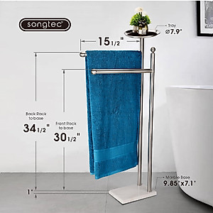 Songtec Towel Rack Stand for Bathroom, 2-Tier Towel Holder Stand for Bath Towels Max to 68” & 60” Long, Practical Shelf on Top for Phone, Shampoo, Body Wash