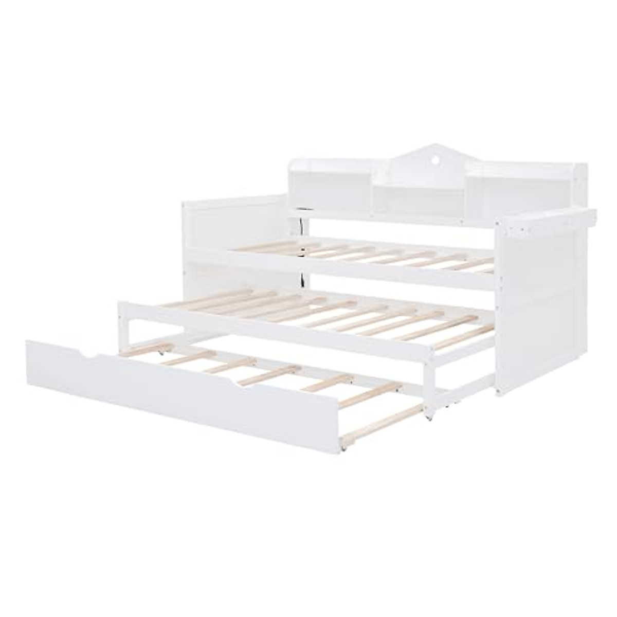 Linuque Twin Size Daybed with 2 Twin Trundles and Storage Shelf, Wooden Sofa Bed Frame with USB Charging Ports, No Box-Spring Needed, White