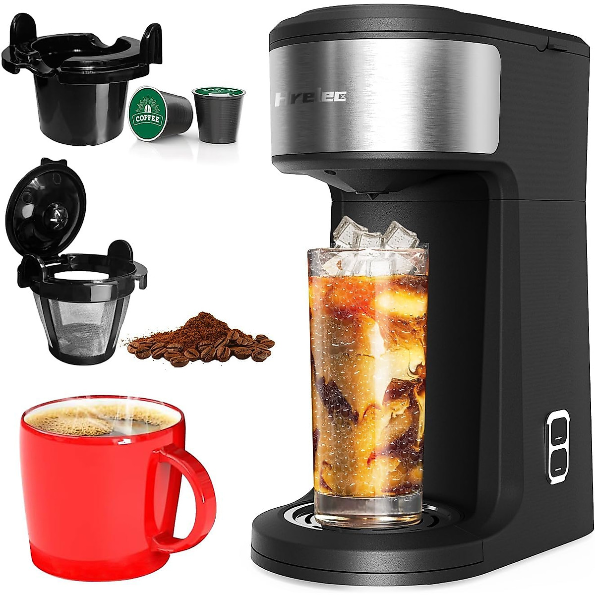 Hrelec 2 in 1 K Cup Coffee Maker, Iced Single Serve Coffee Maker for Capsule and Ground Coffee, Pod Coffee Maker One Cup Small Coffee Machine with Self-Cleaning Function, 8-14 oz Brew Size