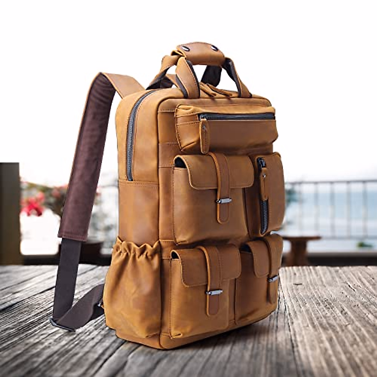 Cowhide Leather Multi Pockets 16 Inch Laptop Backpack Day Pack Travel Bag (Light Brown(Updated Version))