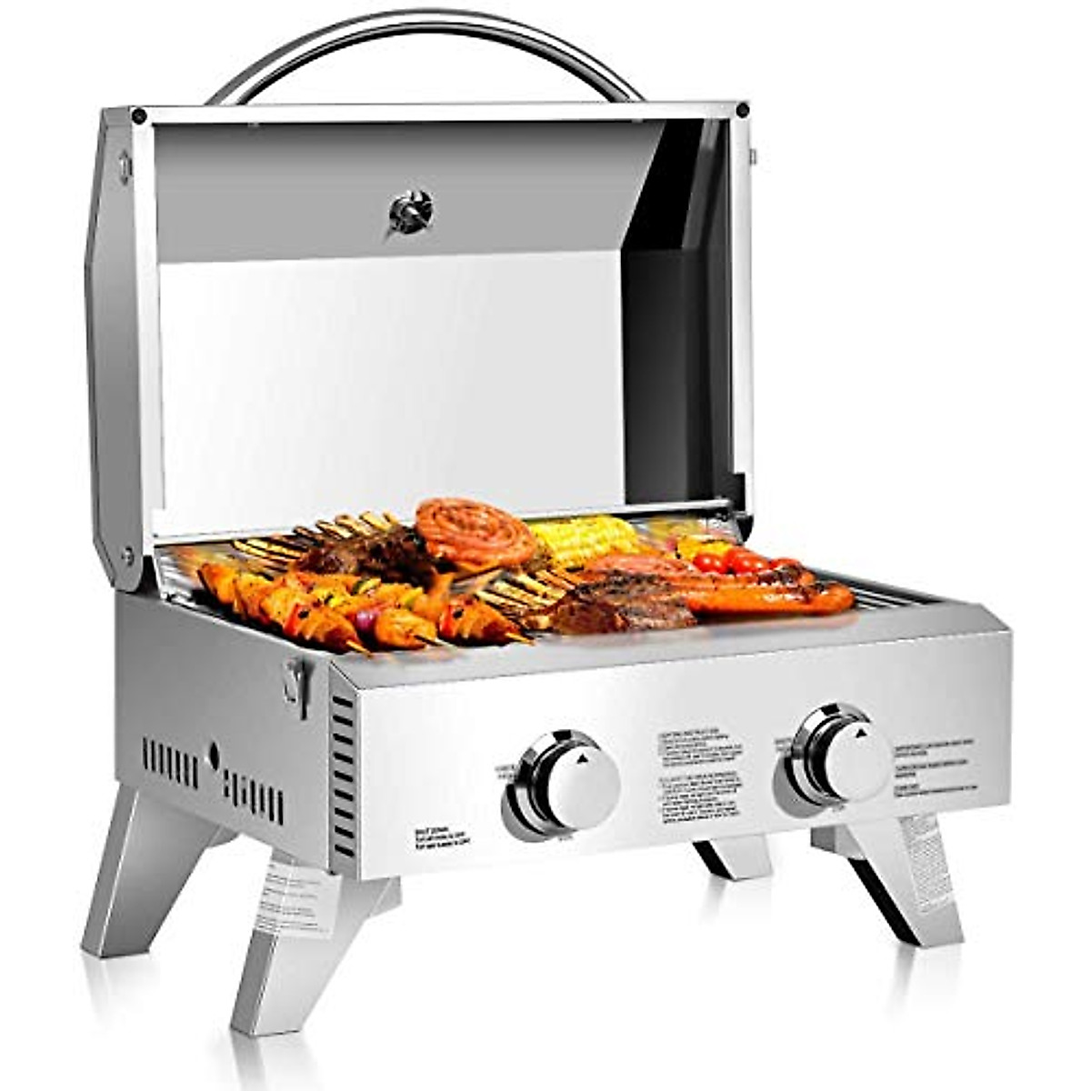 Moccha Stainless Steel Propane TableTop Gas Grill Two-Burner BBQ, with Foldable Leg, 20000 BTU, Perfect For Camping, Picnics or any Outdoor Use, Silver