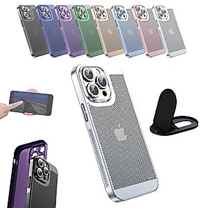 LONGLUAN Electroplating Heat Dissipation Phone Case, Shiny Cooling Breathable Case, Heat Dissipation Plating Fine Hole Protector, Crystal Lens Film Coating Mobile Phone Case (14 Pro Max, Silver)
