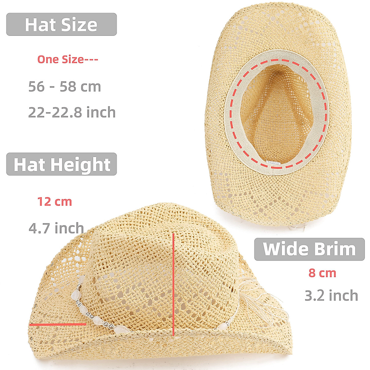 Pro Celia Men Women Cowgirl Straw Western Cowboy Hat (Bead-Beige)