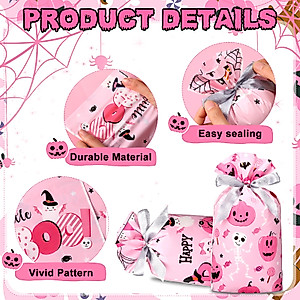 Yeaqee 50 Pcs Pink Halloween Baby Shower Bags Little Boo Plastic Halloween Bags Pink Halloween Drawstring Bag Bulk Little Boo Candy Treat Bags Bulk for Pink Halloween Birthday Party Favors Supplies