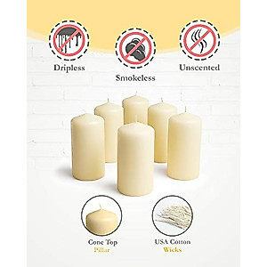 Cone Top Pillar Candles by Bask - Set of 6 - 3" x 6" Dripless Unscented Candles in Ivory for Home Decor, Relaxation & All Occasions