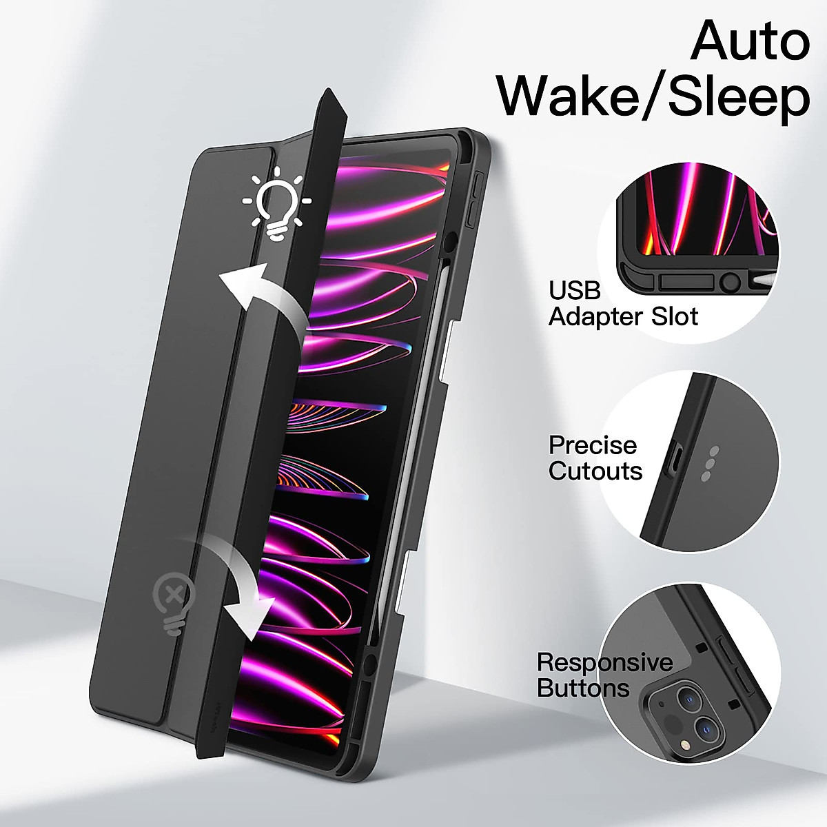 JETech Case for iPad Pro 12.9-Inch (2022/2021/2020/2018) with Pencil Holder, Clear Transparent Back Shell Slim Stand Shockproof Tablet Cover, Auto Wake/Sleep (Black)