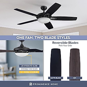 Prominence Home Clancy, 52 Inch Contemporary LED Ceiling Fan with Light, Remote Control, Dual Mounting Options, 5 Dual Finish Blades, Reversible Motor - 51483-01 (Matte Black)