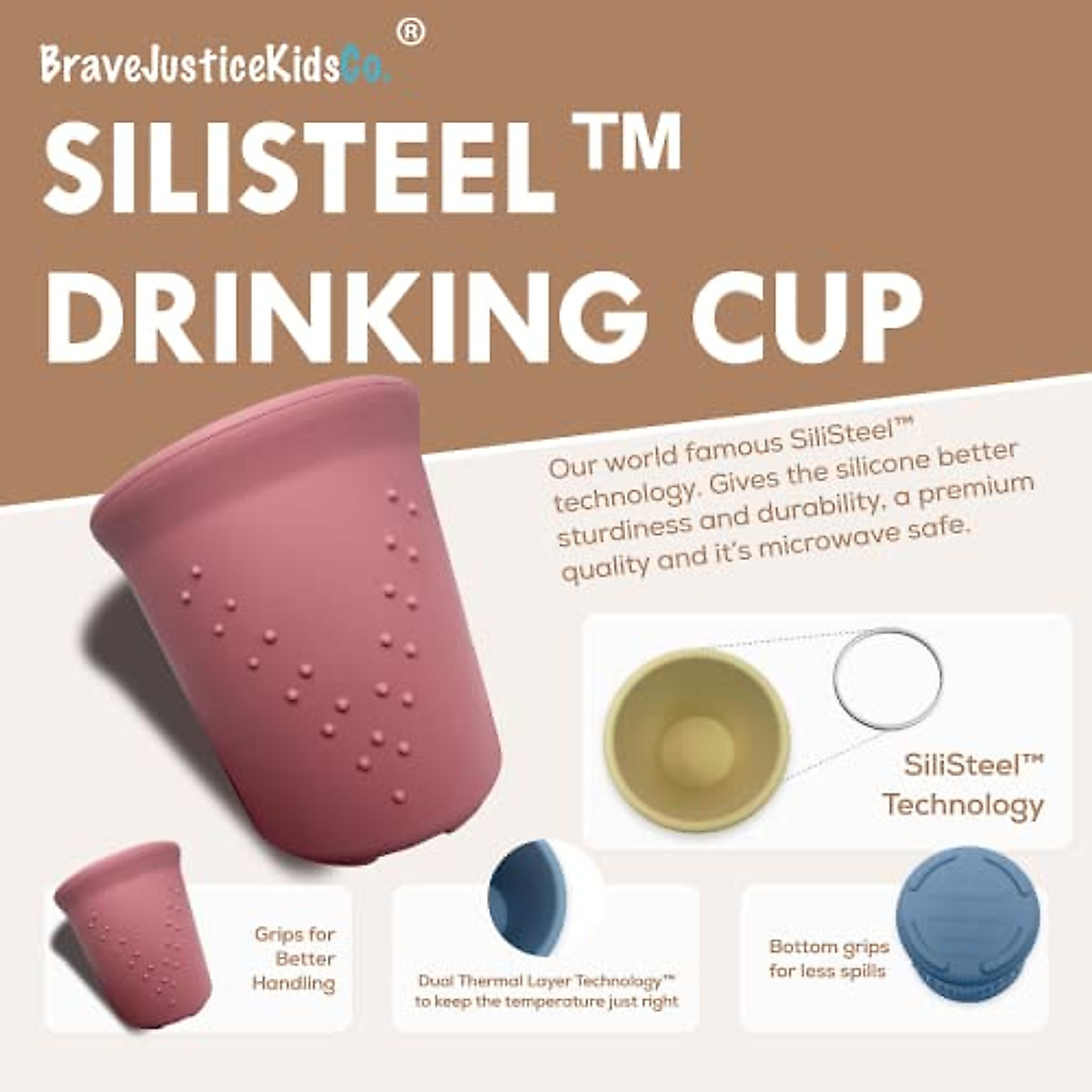 BraveJusticeKidsCo. | SiliSteel™ Drinking Cups | Kids and Toddler Silicone + Steel Dinnerware Cups | Unbreakable Dinnerware | Reusable Dishwasher Safe Water Glasses (2 Pack) (Citadel)