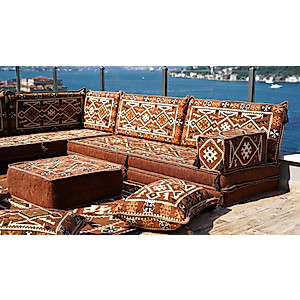 8" Thickness Brown Corner Floor Seating Set, Pallet Cushion Set, Modular Design Floor Cushion, Garden Sofa Set, Indoor Sofa Set, Futon Sofa Bed (L Sofa Full Set)