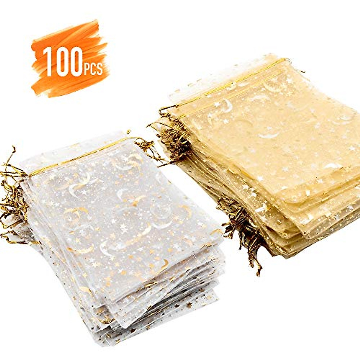 souG Organza Gifts Bags, 5x7 100Pcs Sheer Organza Drawstring Pouches Stars and Moon Wedding Party Favor Jewelry Candy Gift Bags (White and Gold).