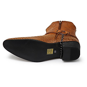 Alberto Fellini Men's Crocodile Prints Western Cowboy Boots with Side Zipper, Belt Buckle and Metal Chain (10.5, Brown)