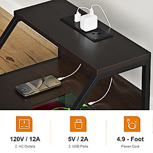 REAHOME Nightstand with Charging Station and Led Light, Tall Brown Bedside Table with 3 Fabric Drawers and 2-Tier Storage Shelves, Modern Night Stands with Wooden Top for Bedroom - Dark Brown