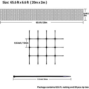 Ohuhu 6.6 x 65 FT Heavy Duty Bird Netting for Garden, PP Material Anti-Bird Reusable Garden Nets for Fruit, Vegetable, Plant Trees, Fencing Protection from Birds Deer Etc, Bonus 50 PCS Cable Ties