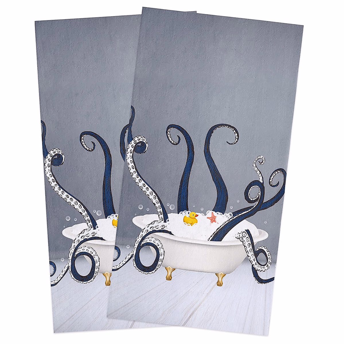 Chees D Zone Kitchen Towels Cotton Dish Towel,Octopus Bathtub Wood Board Grey Soft Dishcloth Absorbent Tea Towel,Funny Ocean Marine Reusable Washable Hand Towels 2 Pack