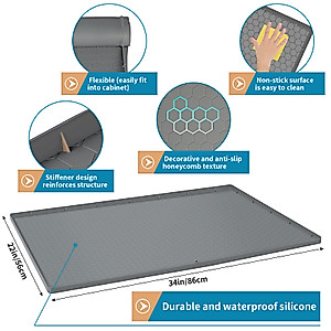 Sanbege Under Sink Mat Liner 34" x 22", Kitchen Cabinet Protector Tray with Drain Hole, Multipurpose Silicone Waterproof Mat for 36" Cabinet or Crafting, Pet Bowls, Floor Organization (Grey)