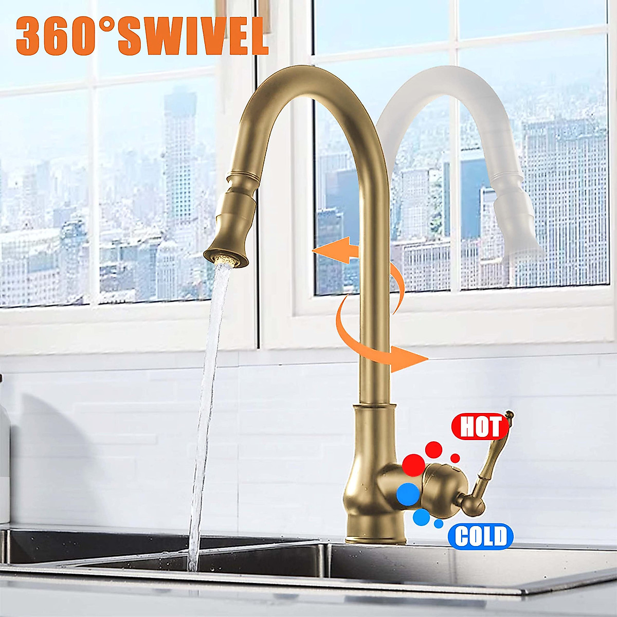 Single Handle Kitchen Faucet,Antique Copper One Hole Pull Out Pull Down Widespread Brass Faucet Body with Cold Hot Mixer Hoses