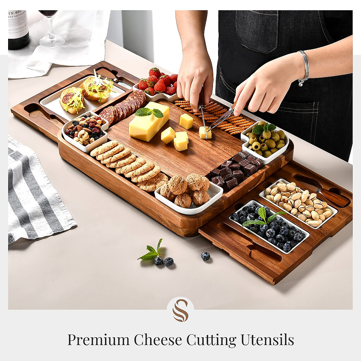 Shanik Upgraded Acacia Cheese Board Set, Square Shaped Charcuterie Set, Cheese Platter, Handcrafted Design and Stainless Steel Cutlery Set - Gift For any Occasion without engraving