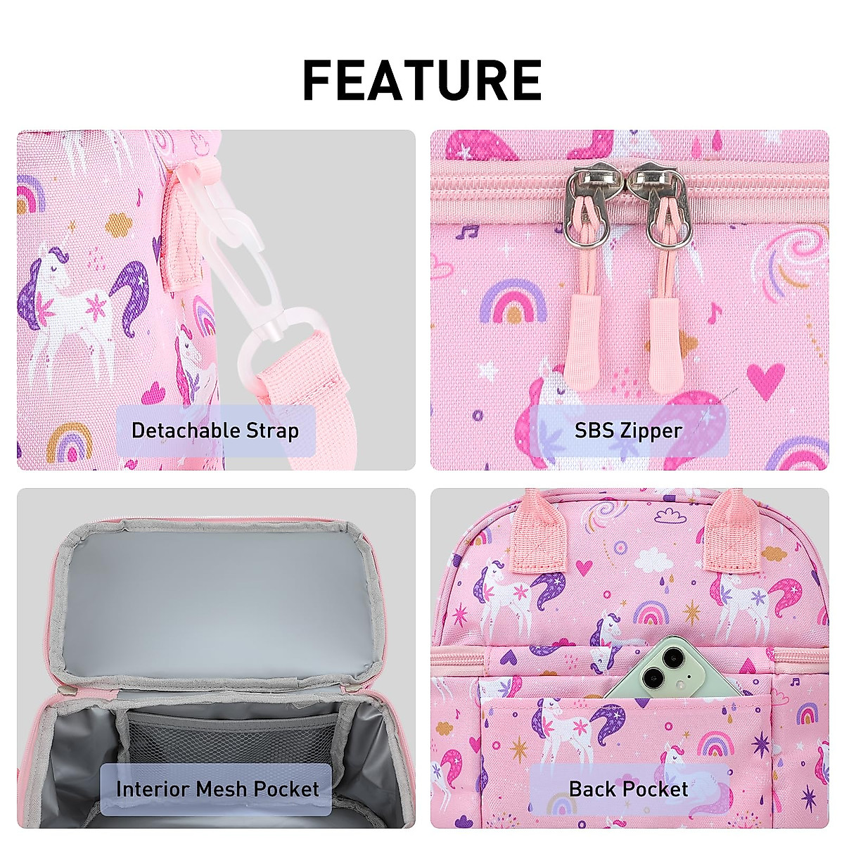 LUREMADE 2 Compartment Lunch Bag Kids, Insulated Lunch Box for Girls Boys Toddler Daycare School, Large Lunch Tote Bag for Kids with Shoulder Strap (Magic Unicorns)