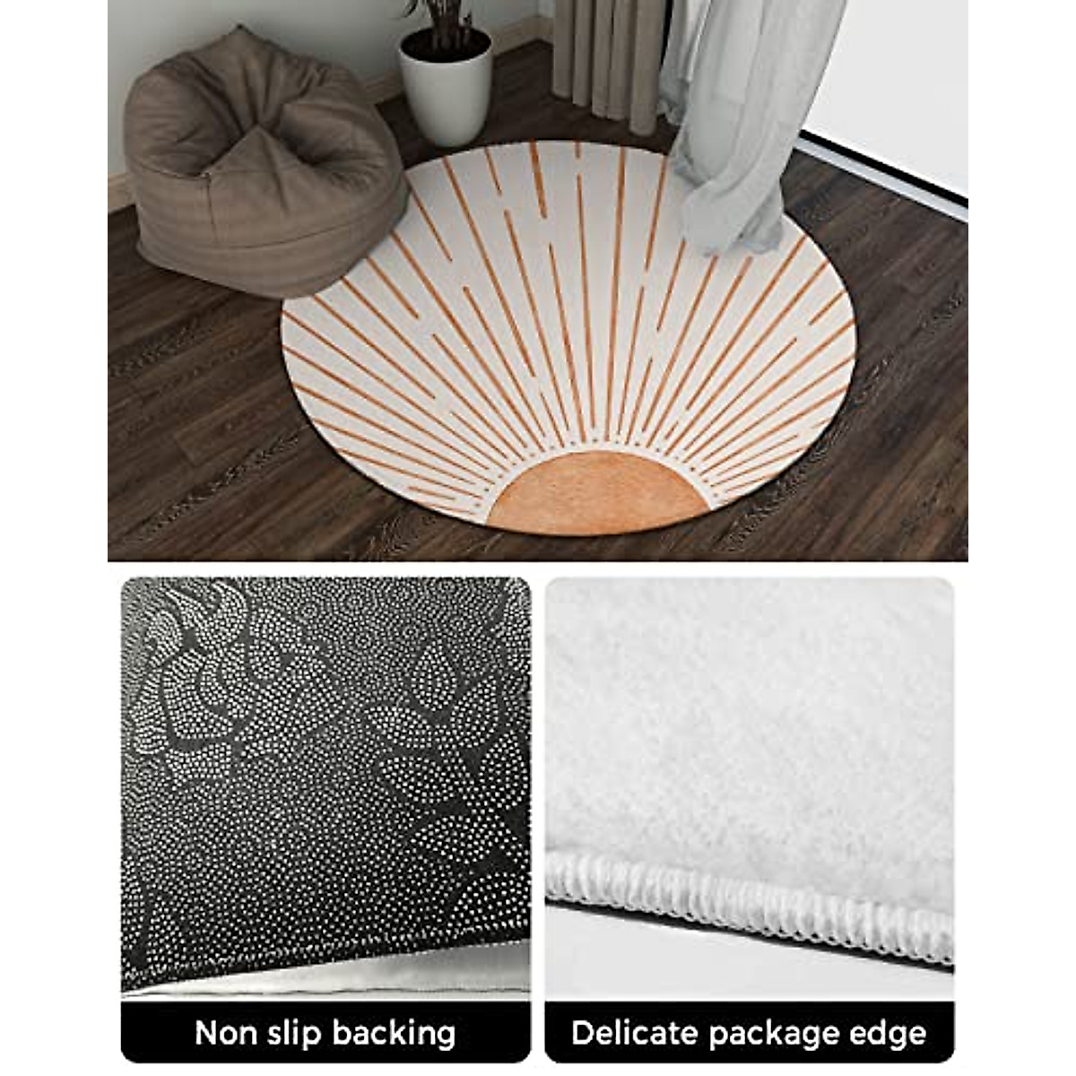 Soft Shag Round Area Rug Mid Century Terracotta Sun Lines Fluffy Circle Floor Carpet Rugs Modern Minimal Art Shaggy Plush Circular Mat for Bedroom/Living Room/Nursery