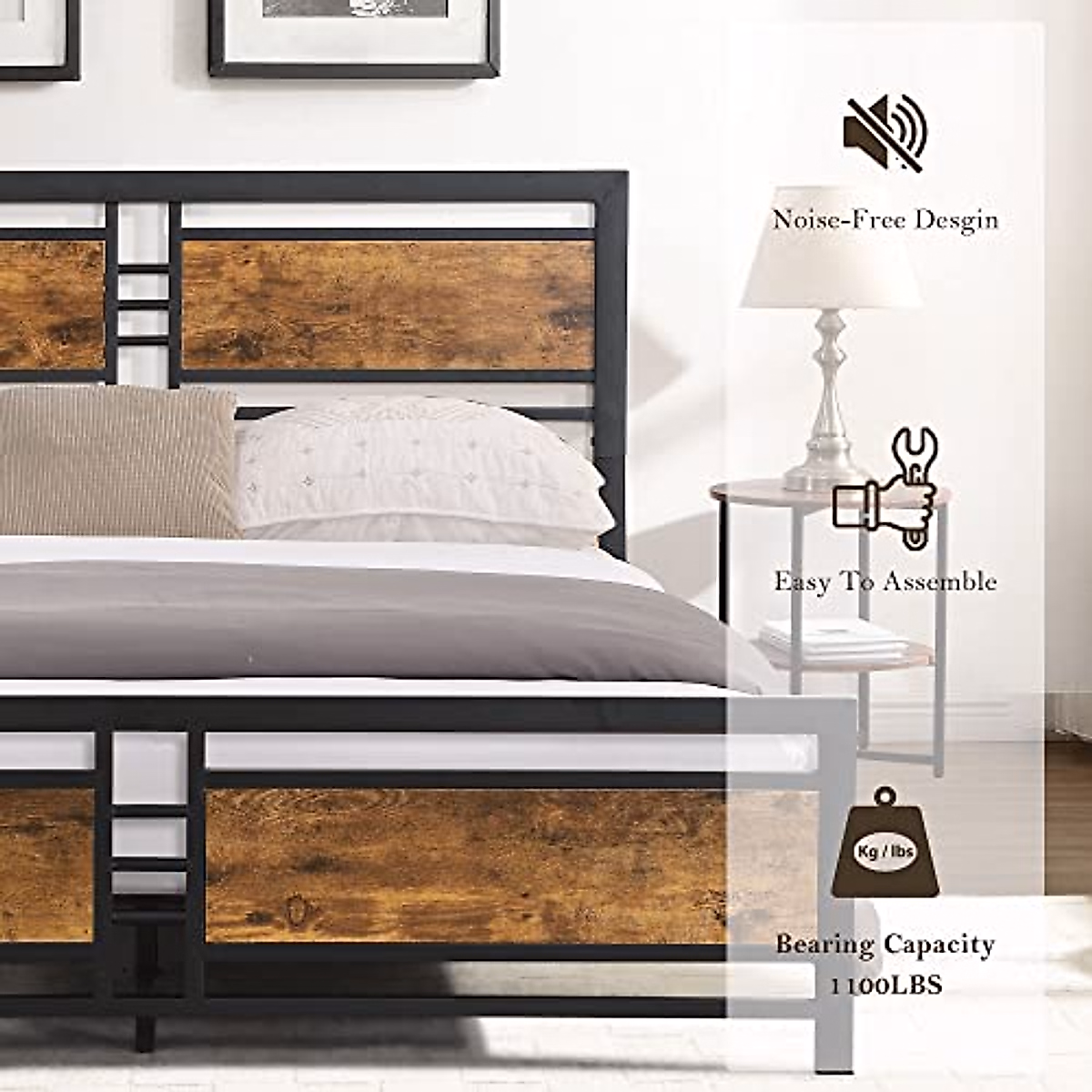 12 Inch Full Size Metal Platform Bed Frame with Wooden Headboard and Footboard, Mattress Foundation, No Box Spring Needed, Large Under Bed Storage, Non-Slip Without Noise(Rustic Brown, Full)