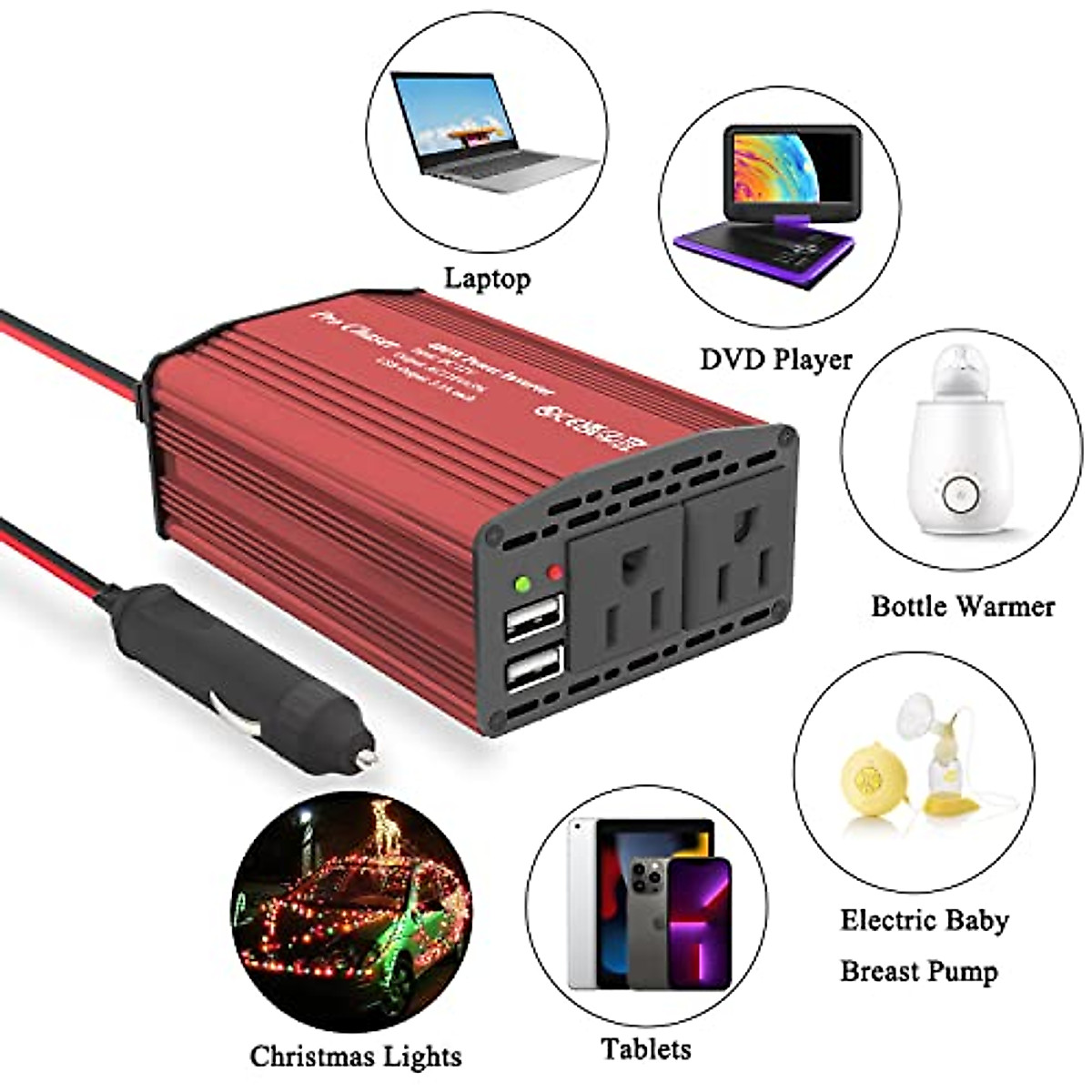Pro Chaser 400W Power Inverters for Vehicles - DC 12v to 110v AC Car Inverter Converter, 6.2A Dual USB Charging Ports, Dual AC Adapter for Air Compressor Laptops
