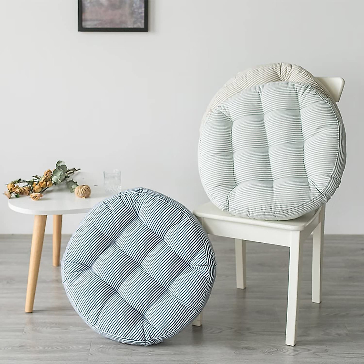 Striped Chair Cushion Round Floor Pillow,Thickened Seat Cushion Canvas Fabric Pearl Cotton Filled Inner Core,Home Office Soft Chair Cushions 17'' Blue