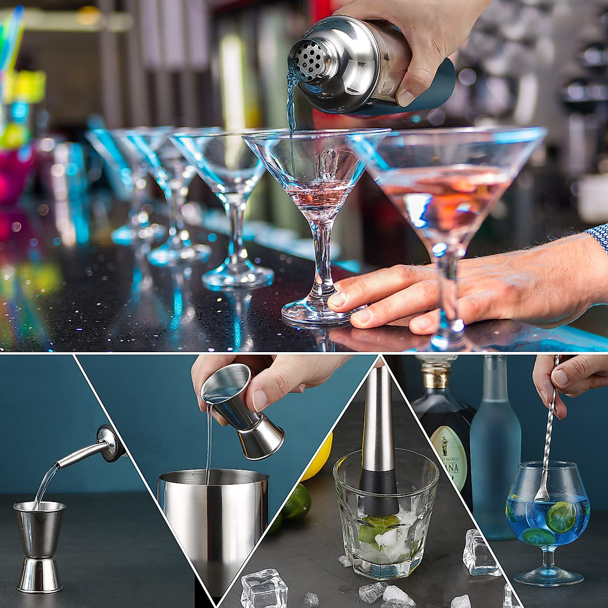 Martini Shaker 24 oz Cocktail Shaker Drink Bar Set by Hovikoki, Stainless Steel Professional Bartender Kit with Built-in Strainer Mixing Spoon&Jigger 2 Liquor Pourers Muddler and Manual Recipe