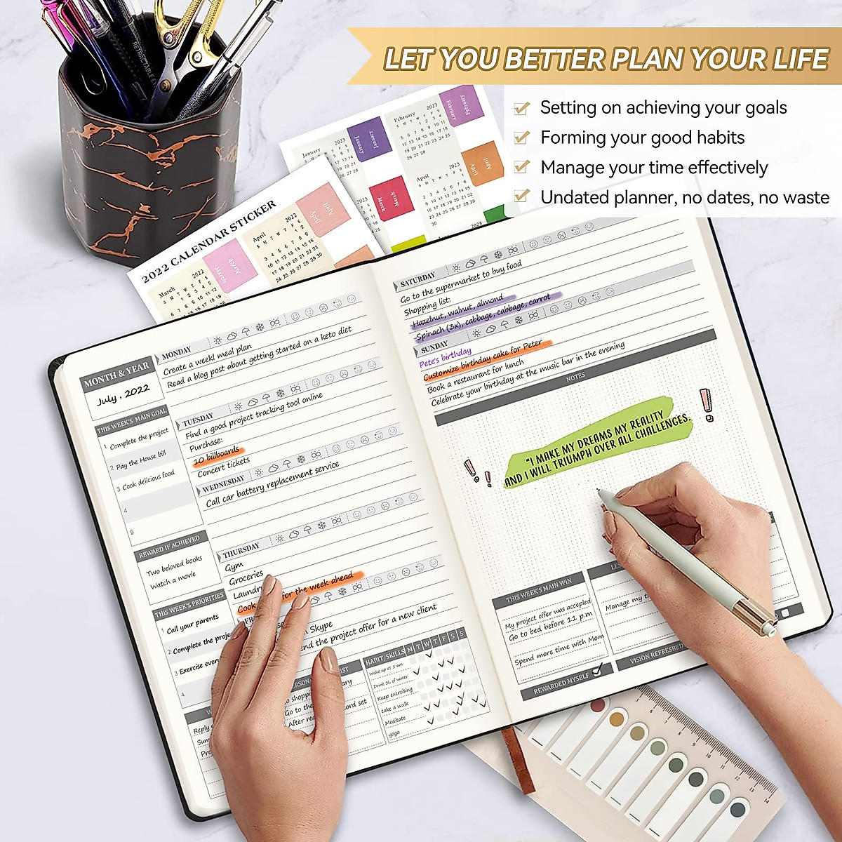 Soomeet Weekly Planner, Undated Planner Weekly and Monthly, Goal Planner, Calendar Stickers, Faux Leather Cover, Time Management Manual and Planner, A5 Hardcover with Ruler, 200 Pages, Black