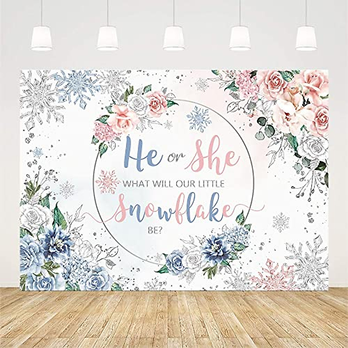 AIBIIN 7x5ft Winter Snowflake Gender Reveal Backdrop He or She Boy or Girl Silver Glitter Pink Blue Floral Photography Background What Will Our Little Snowflake Be Party Decoration Banner Photo Booth