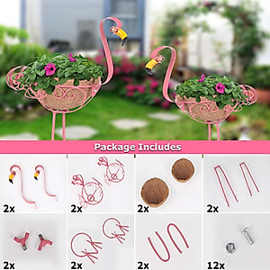 Kikth Set of 2 Pink Metal Flamingo Planters with Basket for Indoor Outdoor Garden Yard Decor
