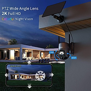 Xega 2 Pack Security Camera Wireless Outdoor 2K 360° PTZ Camera Solar Security Cameras for Home Surveillance 2.4G WiFi Spotlight & Siren Color Night Vision PIR Motion Detection 2-Way Talk IP66