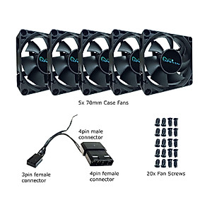 Apevia CF7025S-5 (5 Pk) 70mm x 70mm x25mm Black Case Fan W/4PIN Molex + 3PIN Motherboard Adapter