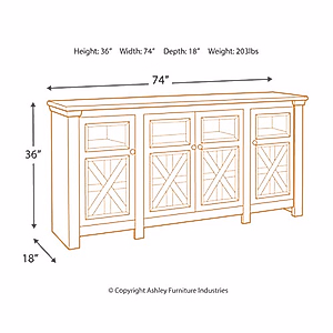 Signature Design by Ashley Bolanburg Two Tone Farmhouse TV Stand, Fits TVs up to 72", 3 Cabinets and Adjustable Storage Shelves, Whitewash