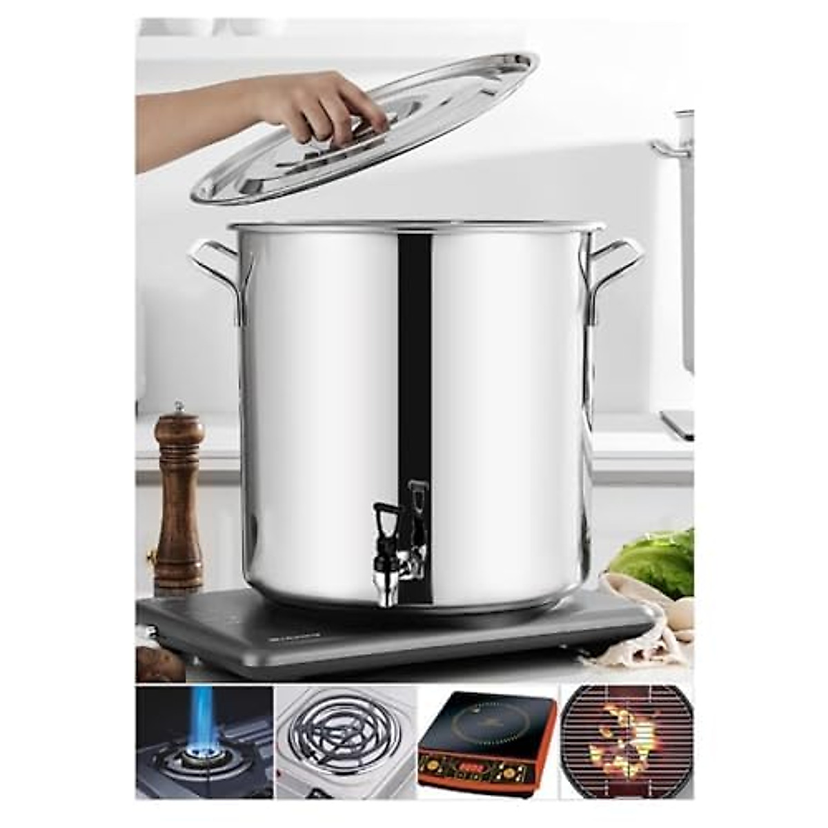 Stainless Steel Stock Pot Stock Pot With Spigot, Round Stock Pot With Soft-Touch Handles, Stainless Steel Soup Stockpot Composite Bottom 5-90L Wine Bucket,Thicken Milk Can With Tap S(Size:20*20cm(5L))