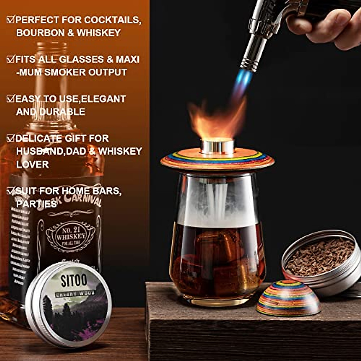 SITOO Cocktail Smoker, Old Fashioned Cocktail Smoker Kit w/Wood Chips, UFO Drink Smoker for Cocktails, Wine, Whiskey and Bourbon (Rainbow Wood)