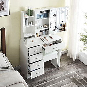 Lucaseone Vanity Desk with Lights Mirror, Vanity Table Makeup Vanity with Slidable Mirror,Drawers & Stool,for Bedroom, White (7507USB)